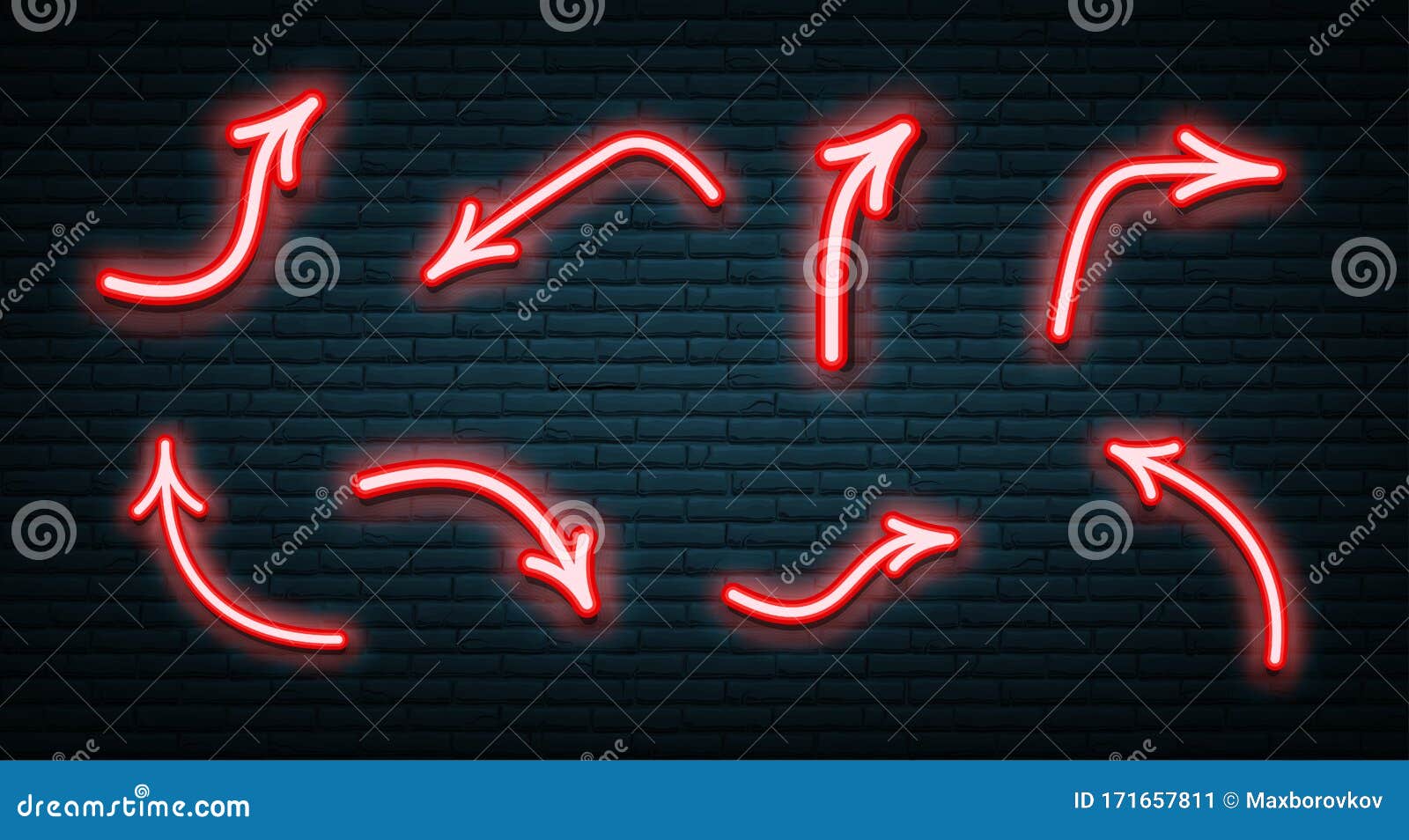 Set Of Red Neon Arrows Glowing On Dark Brick Wall Background Cartoon ...
