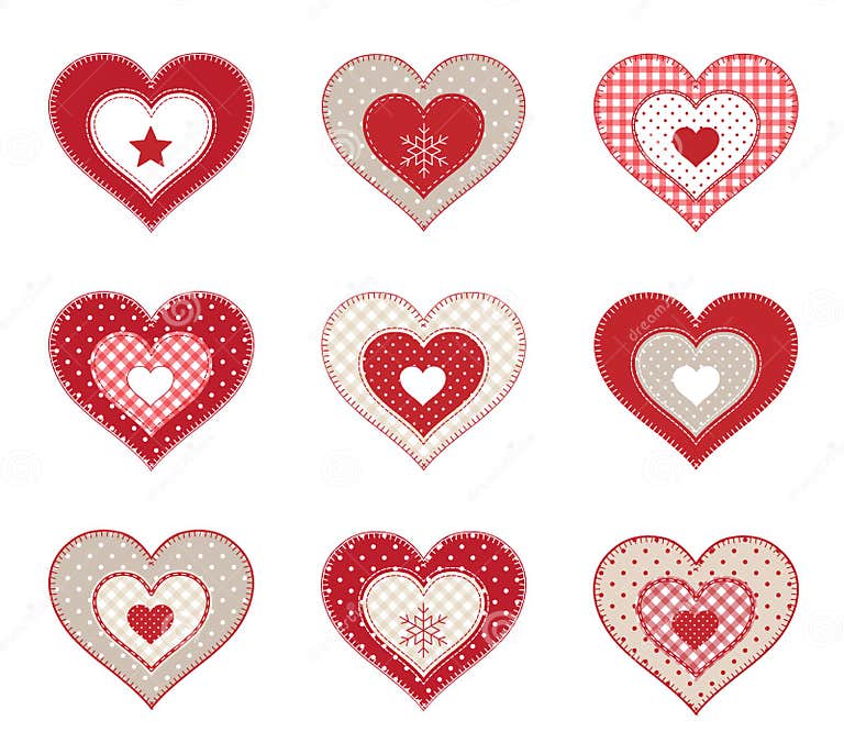 Set of Red Patchwork Decorative Hearts, Isolated on White Background ...