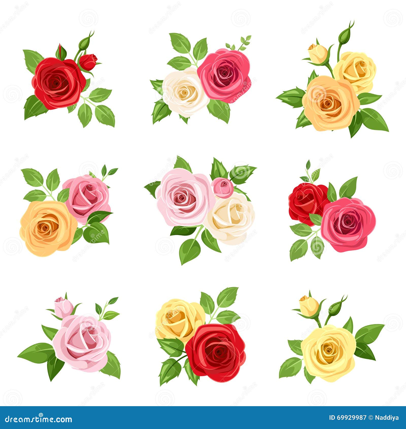Set of Red, Pink, White, Yellow and Orange Roses. Vector Illustration ... Set of Red, Pink, White, Yellow and Orange Roses. Vector Illustration ...