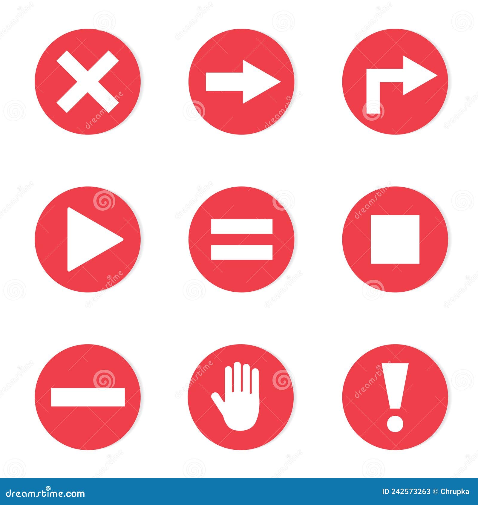 Set of Red Sign Button, Ban, Arrow, Play, Pause, Warrant, Exclamation ...