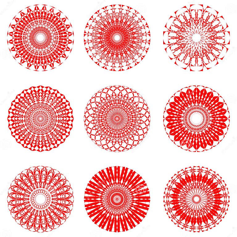 A Set of Red Symmetric Circle Patterns in Filigree Lace Design Stock ...