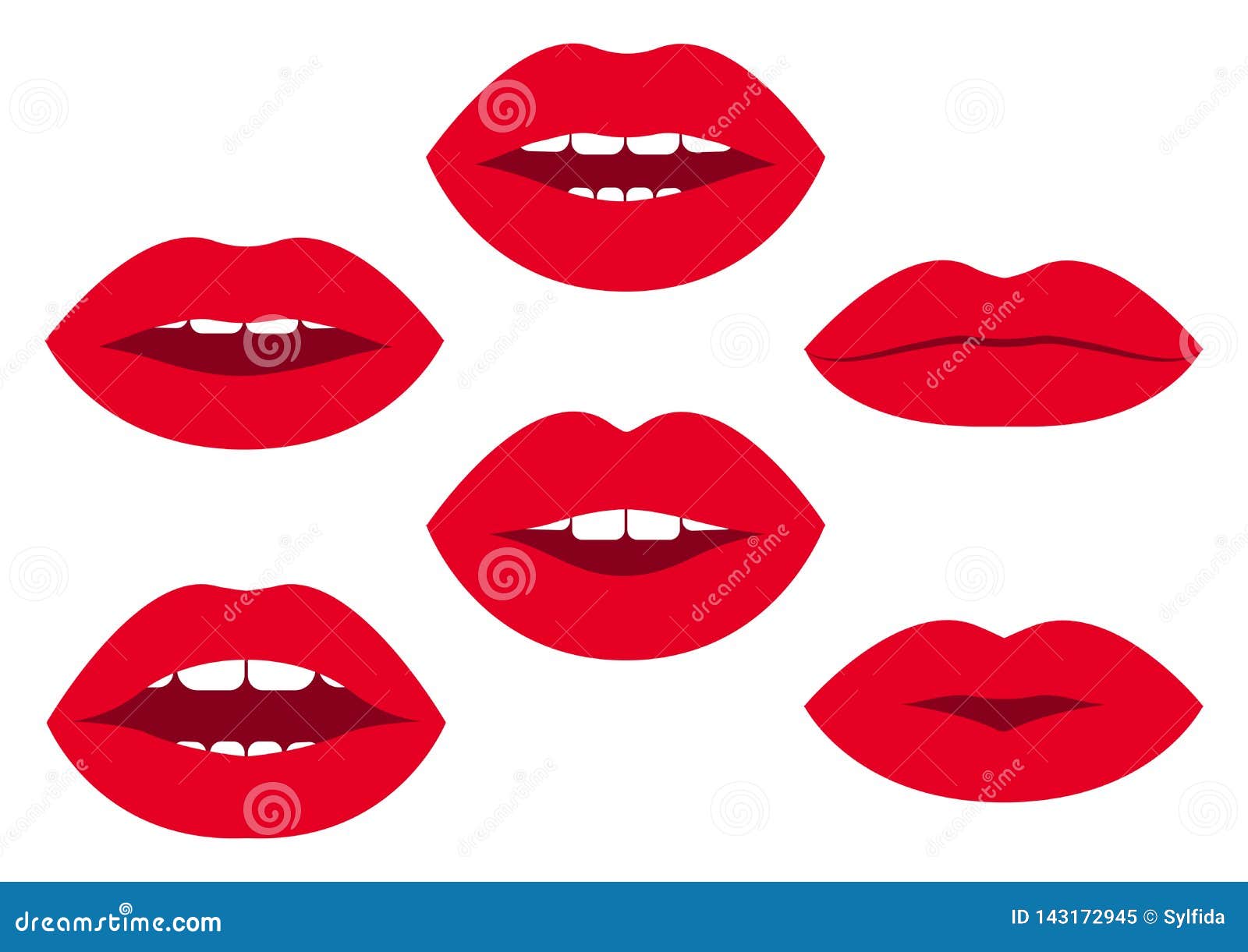 Set Of Red Woman`s Lips With Emotions Vector Illustration Stock
