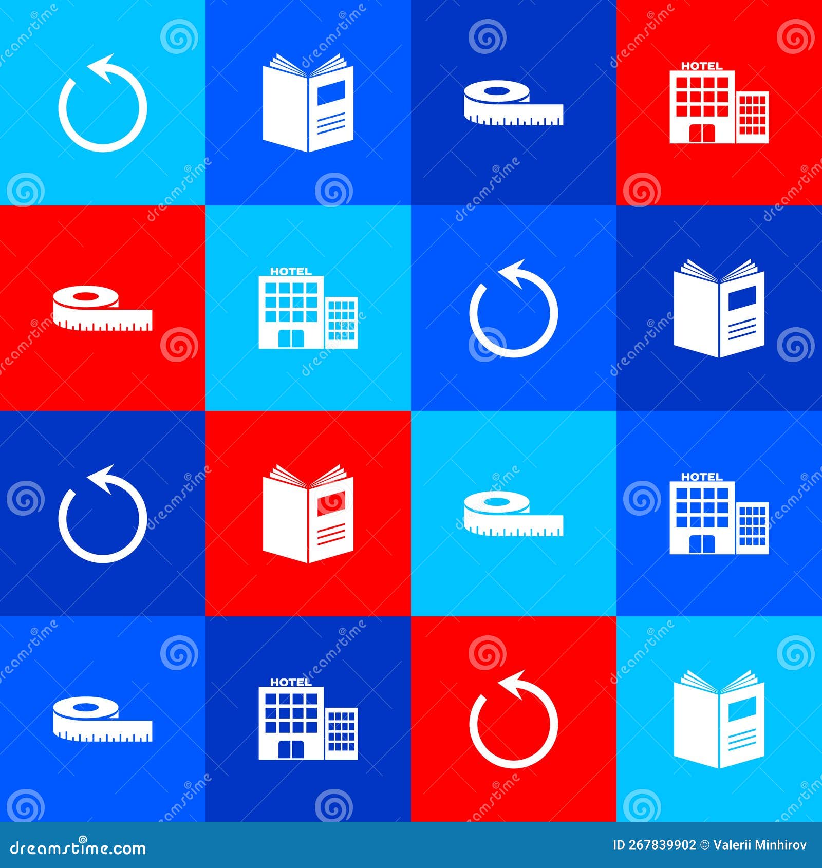 Set Refresh, Open Book, Tape Measure and Hotel Building Icon. Vector ...