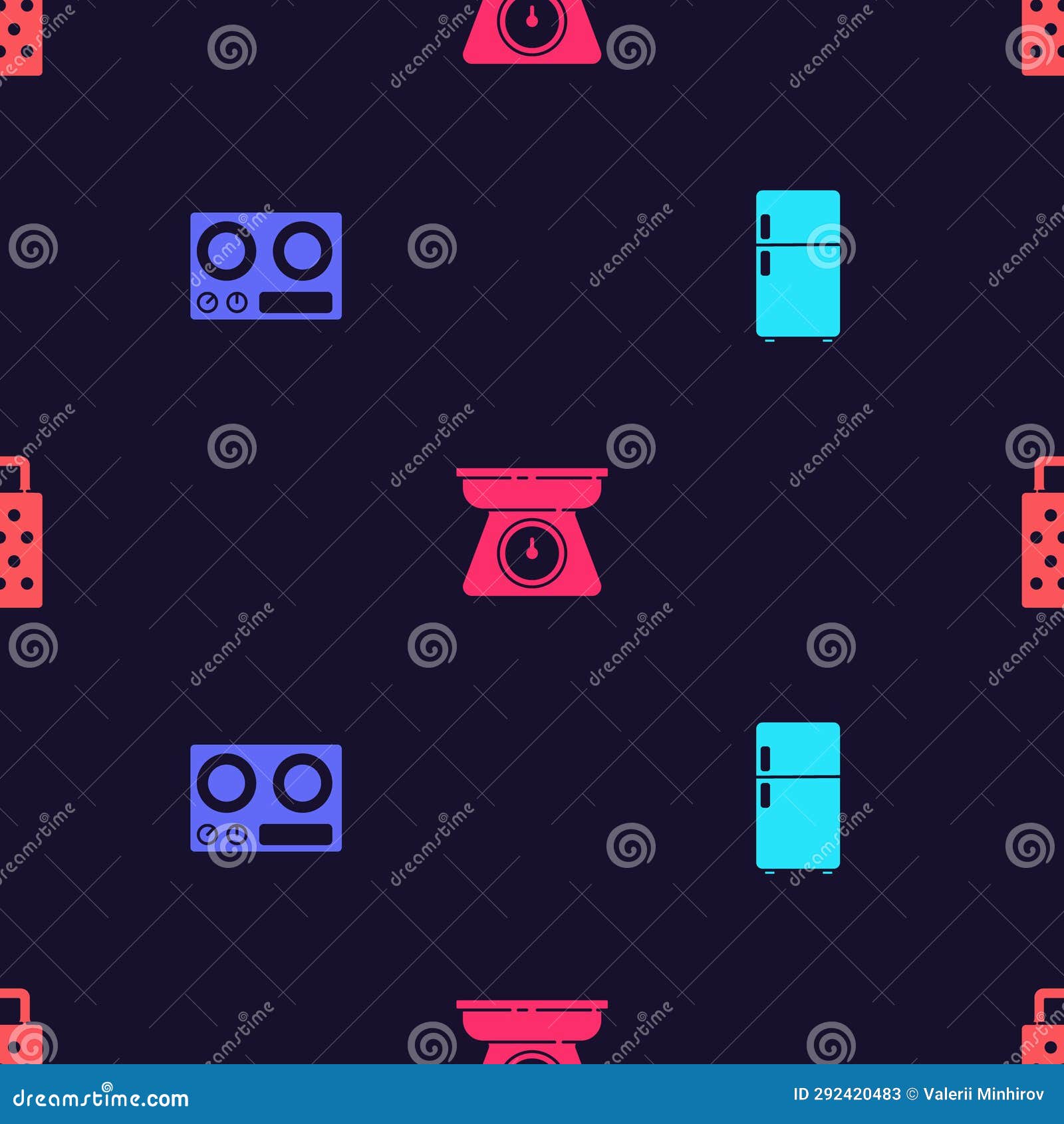 Set Refrigerator, Gas Stove, Scales and Grater on Seamless Pattern ...