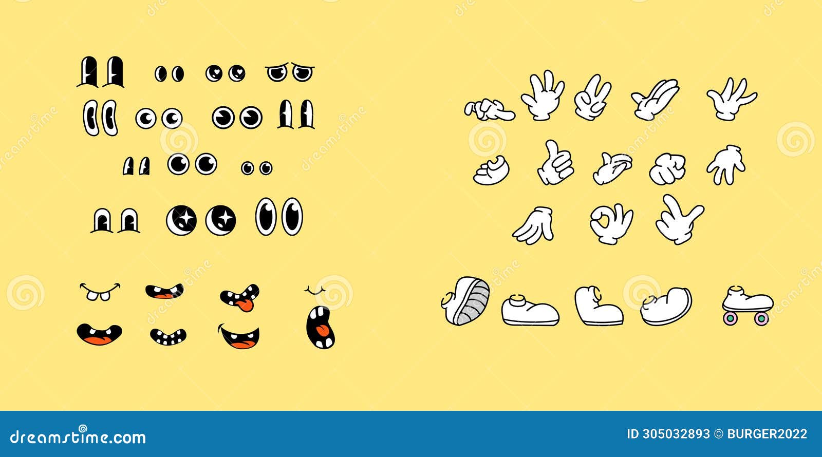 Set of Retro Cartoon Hands, Eyes and Mouth Stock Illustration ...