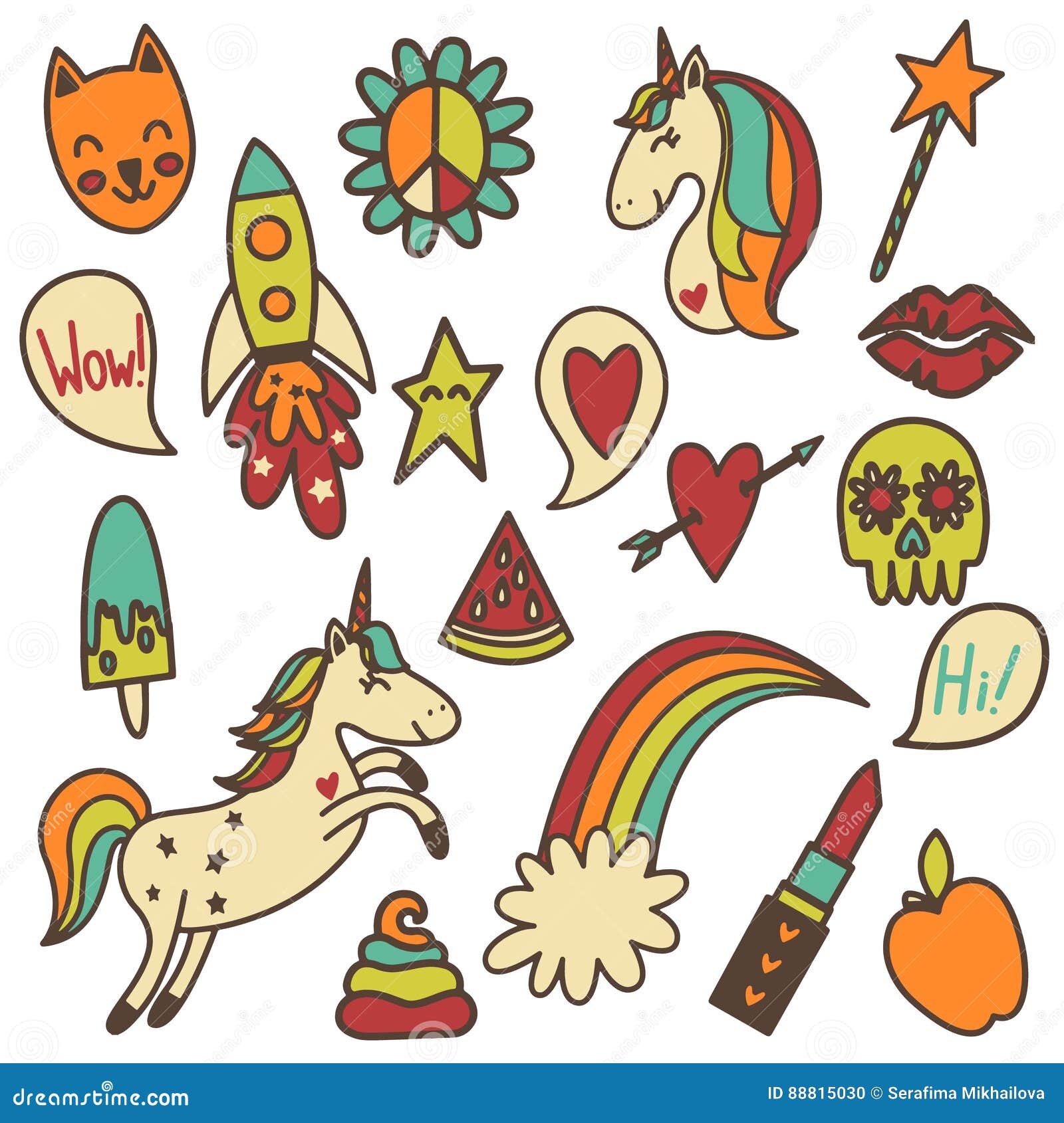 Set of Retro Colored Funny Stickers. Stock Vector - Illustration of ...