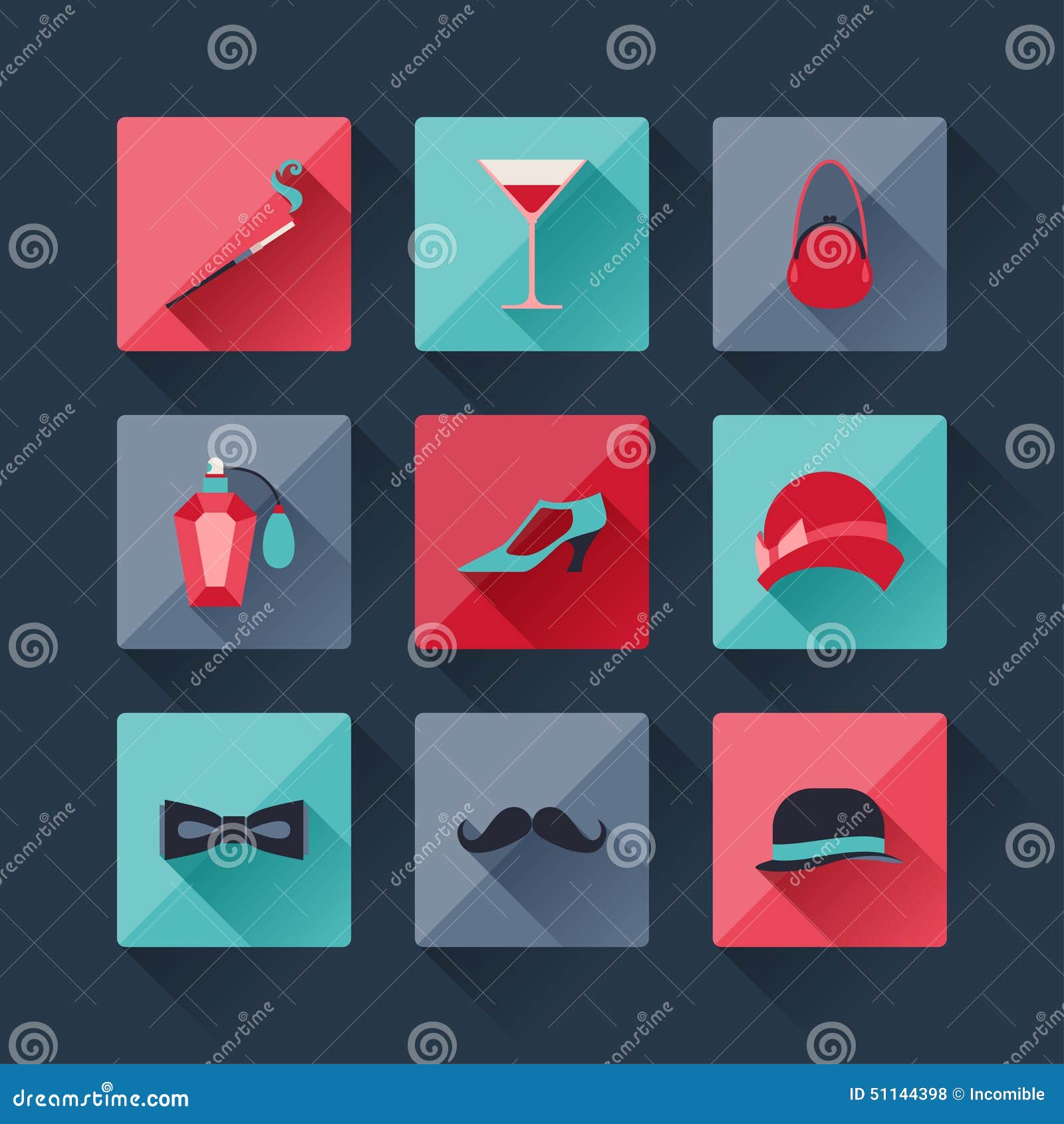 Set of Retro Fashion Icons in Flat Design Style Stock Vector ...