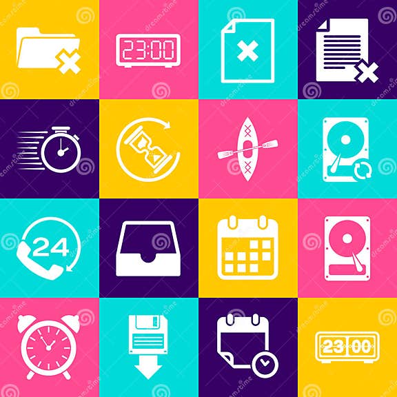 Set Retro Flip Clock, Hard Disk Drive HDD, Sync Refresh, Delete File Document, Waiting and ...