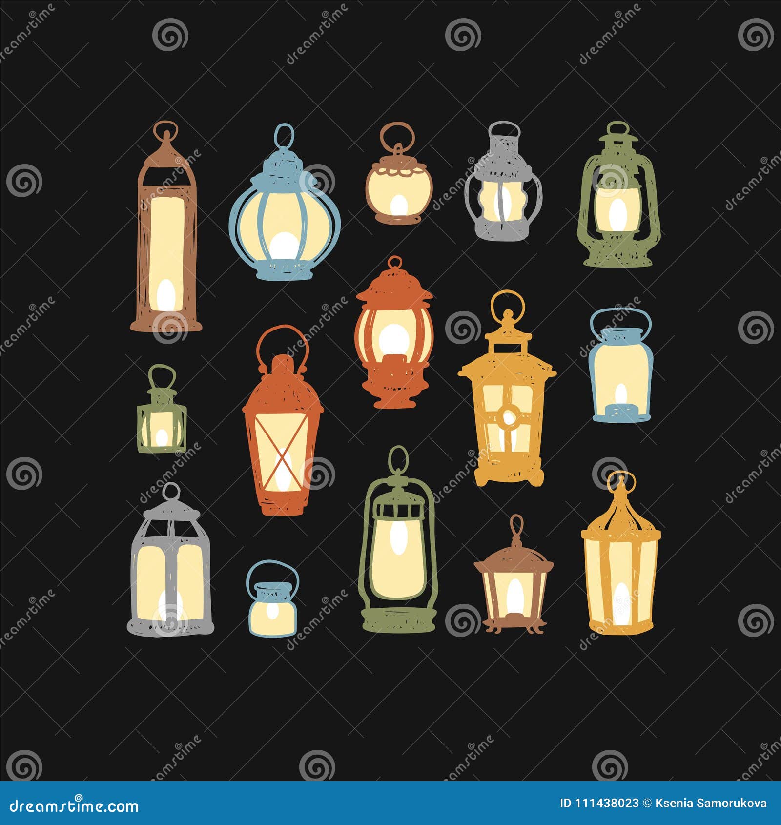 Set of 15 retro lanterns stock vector. Illustration of retro - 111438023
