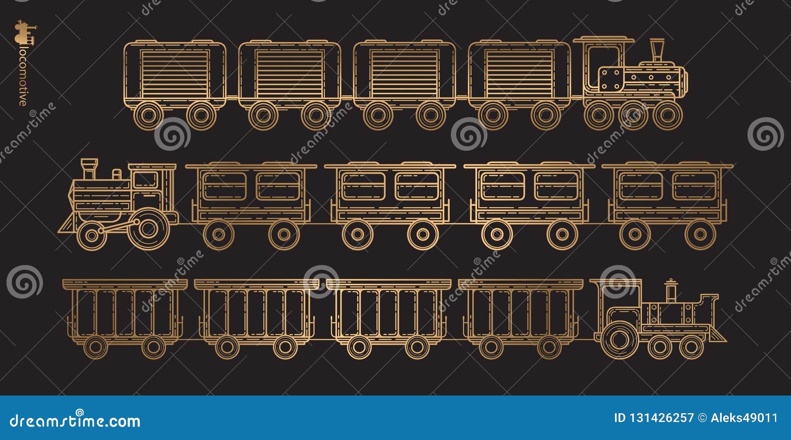 Set of Retro Locomotives, Vector.Passenger Train on a Black Background ...