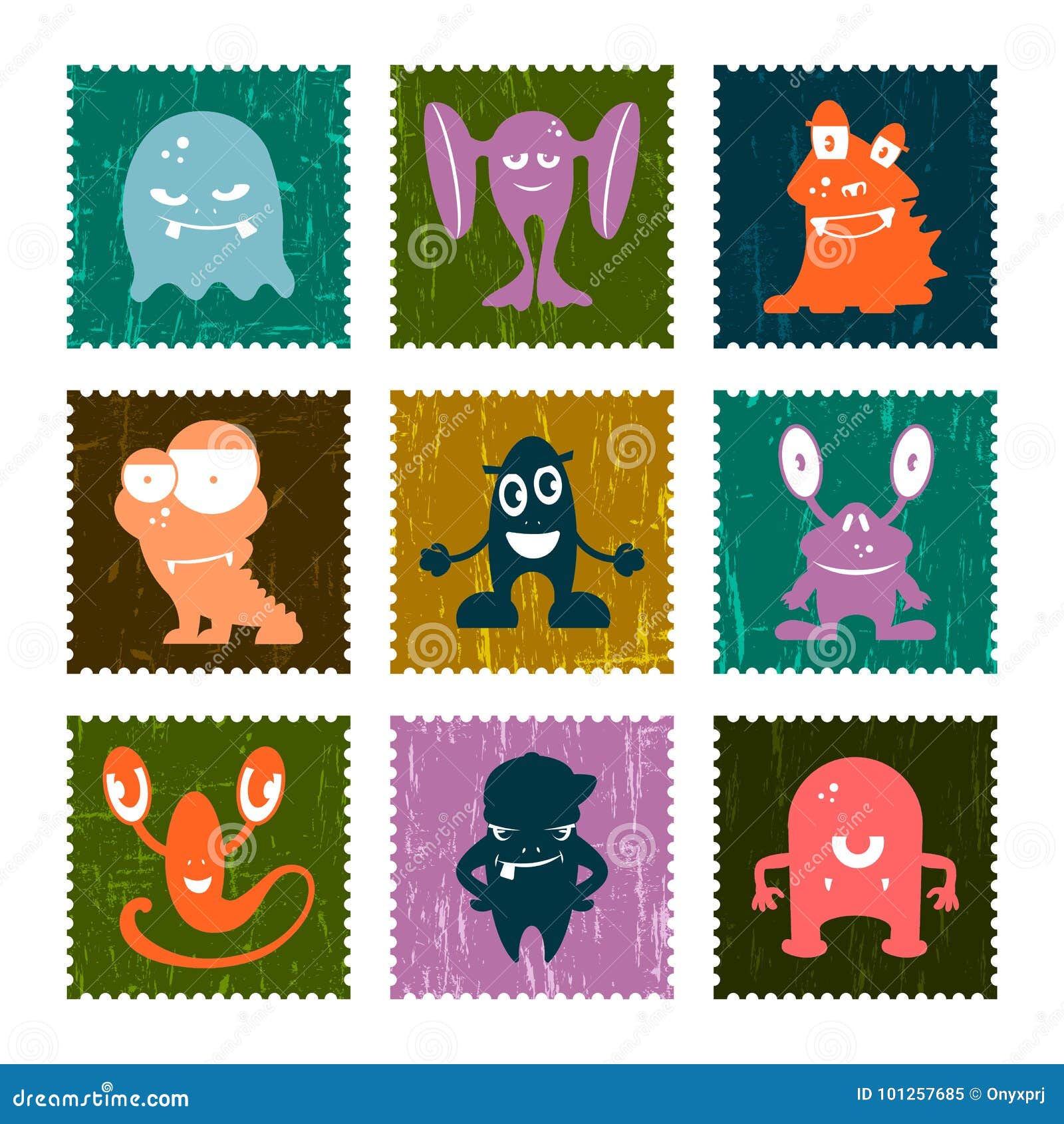 Set of Retro Postage Stamp Funny Monsters. Vector Set. Stock Vector ...