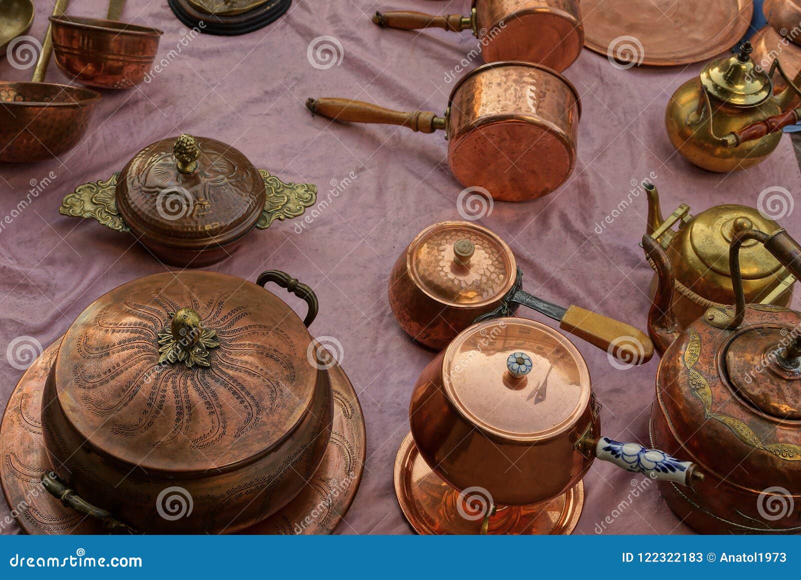 Set of Old Red Cups of Copper on a Table Stock Image - Image of ...