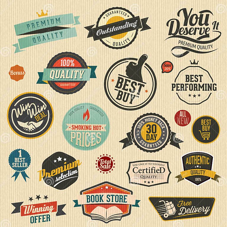 Set of retro stickers stock vector. Illustration of quality - 35717070