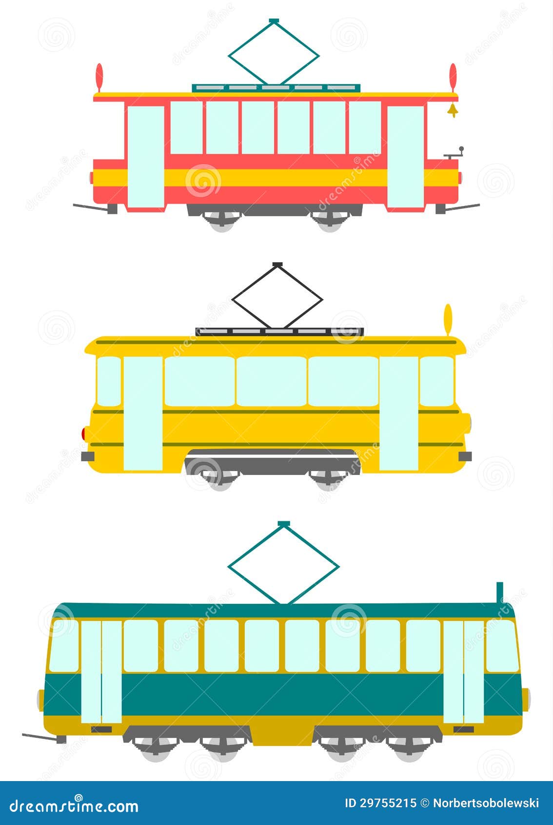 Set Of Vintage Trams. Retro Transport. Old Times. Vector Hand Drawn ...