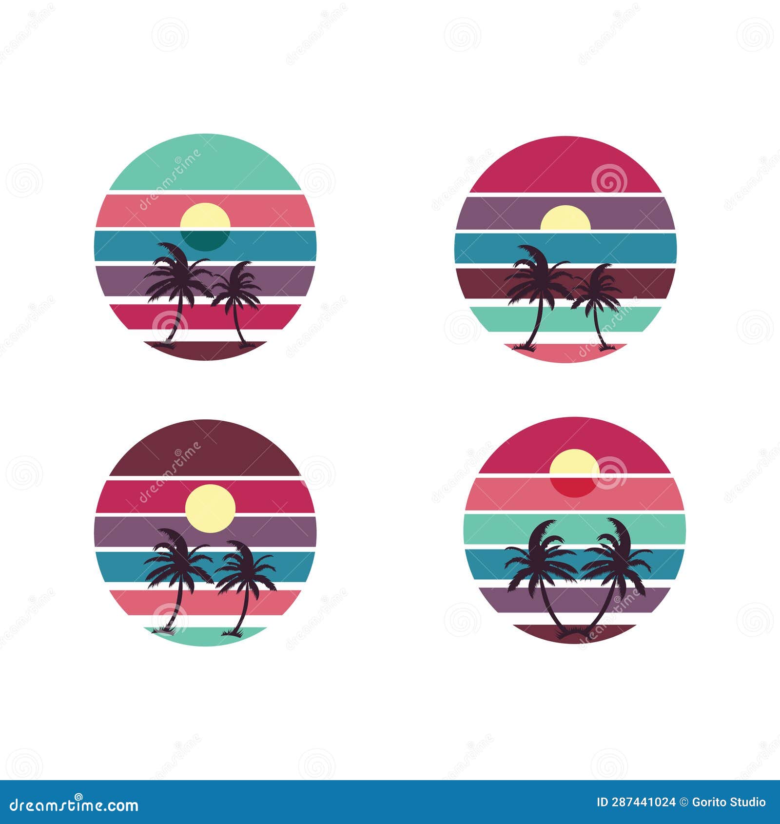 Retro Sunsets Collection In 80-90s Style With Grunge Texture Vector ...