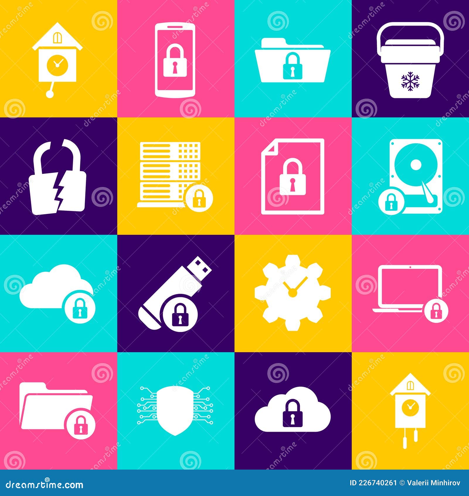 Set Retro Wall Watch, Laptop and Lock, Hard Disk Drive, Folder, Server ...