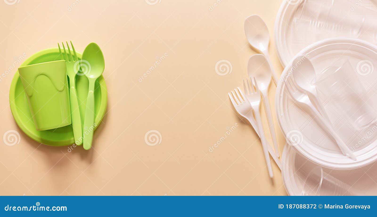 A Set of Reusable Plastic Dishes Against Disposable Ones on a Beige ...