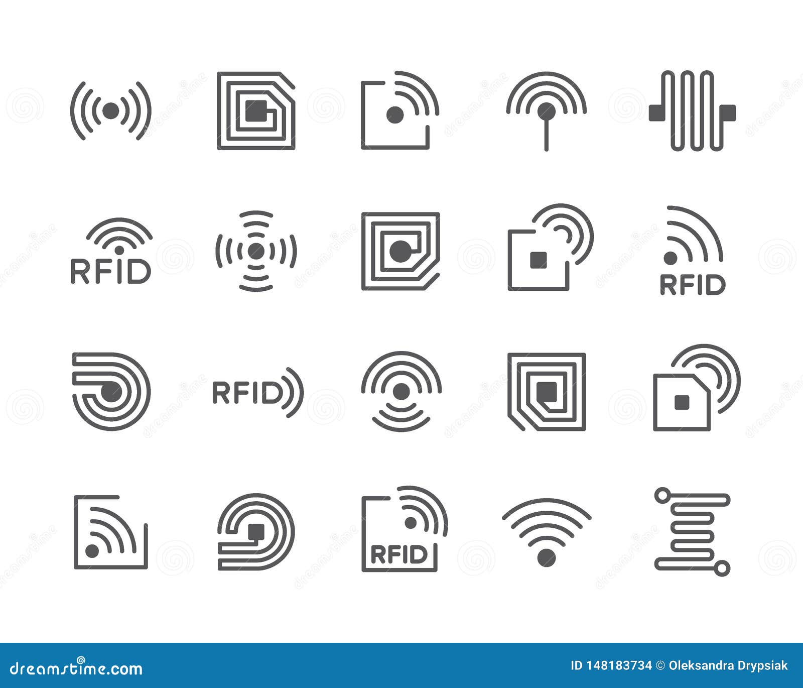 Set of RFID Chip Line Icons. Antenna, Circuit, Tag, Wire, Wireless and ...