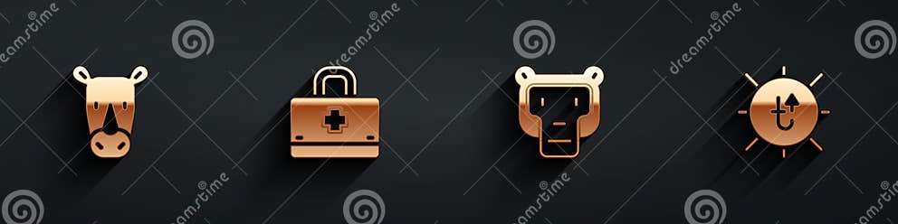 Set Rhinoceros, First Aid Kit, Monkey and Sun Icon with Long Shadow ...
