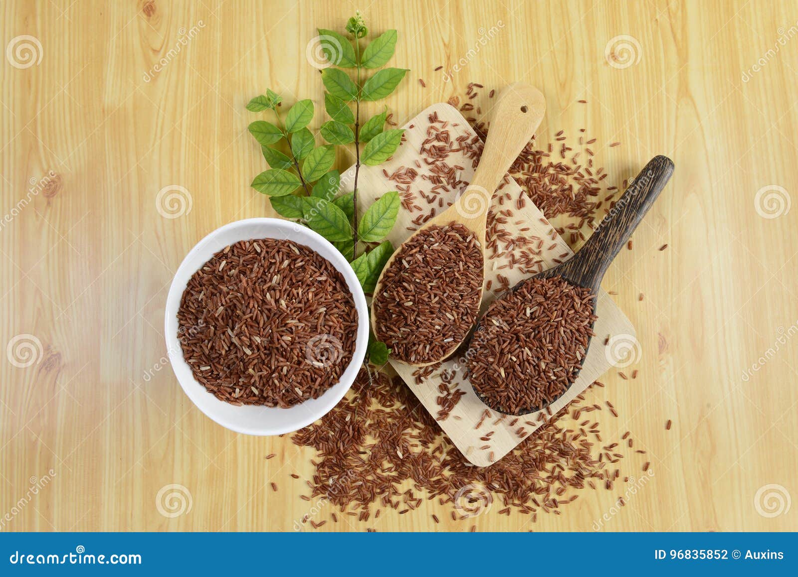 Set of Rice Collection on Ladle on Wood Texture Background Stock Photo ...
