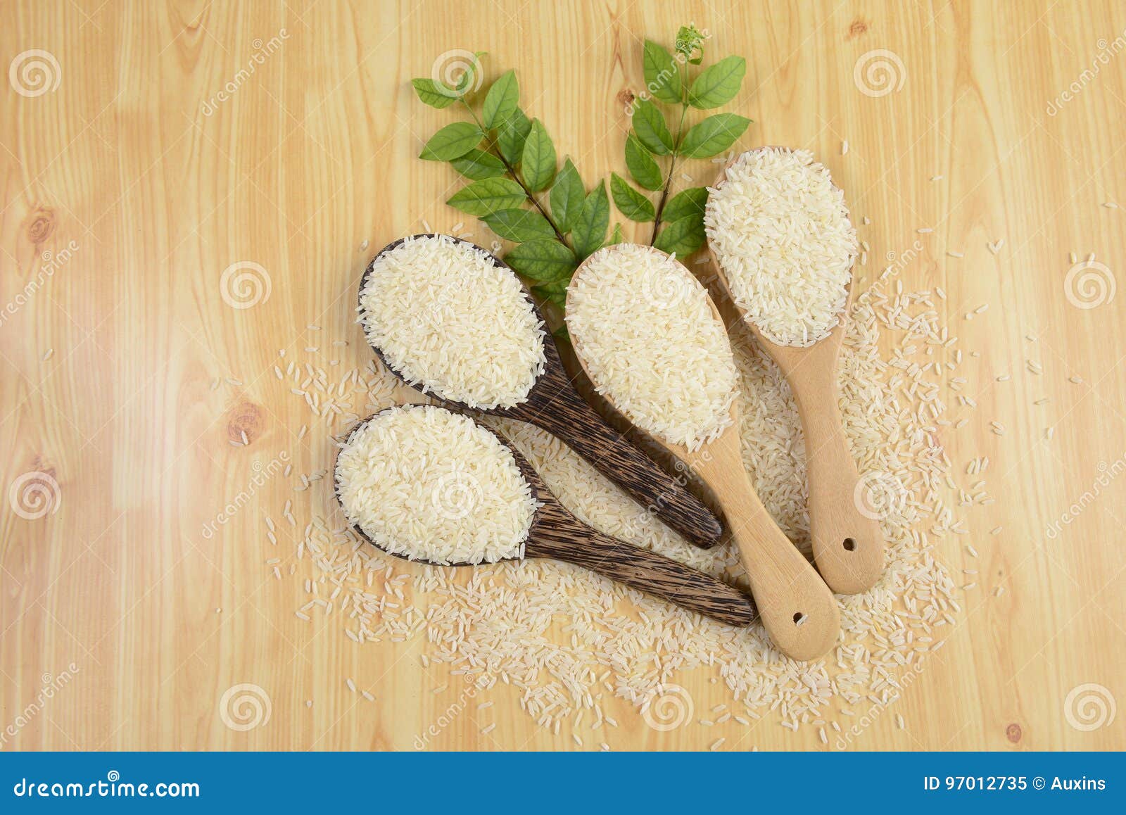 Set of Rice Collection on Ladle on Wood Texture Background Stock Image ...