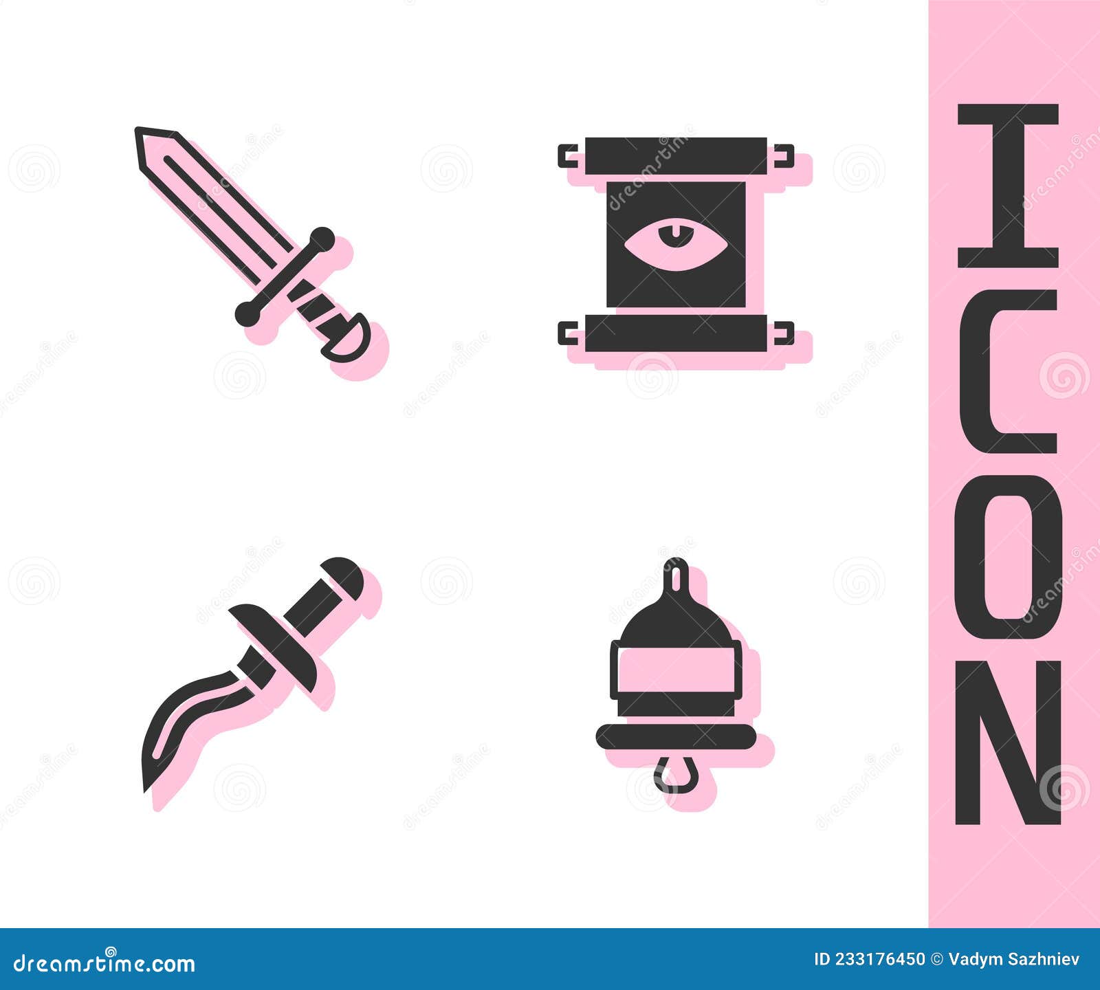 Set Ringing Alarm Bell, Medieval Sword, Dagger and Ancient Magic Scroll ...