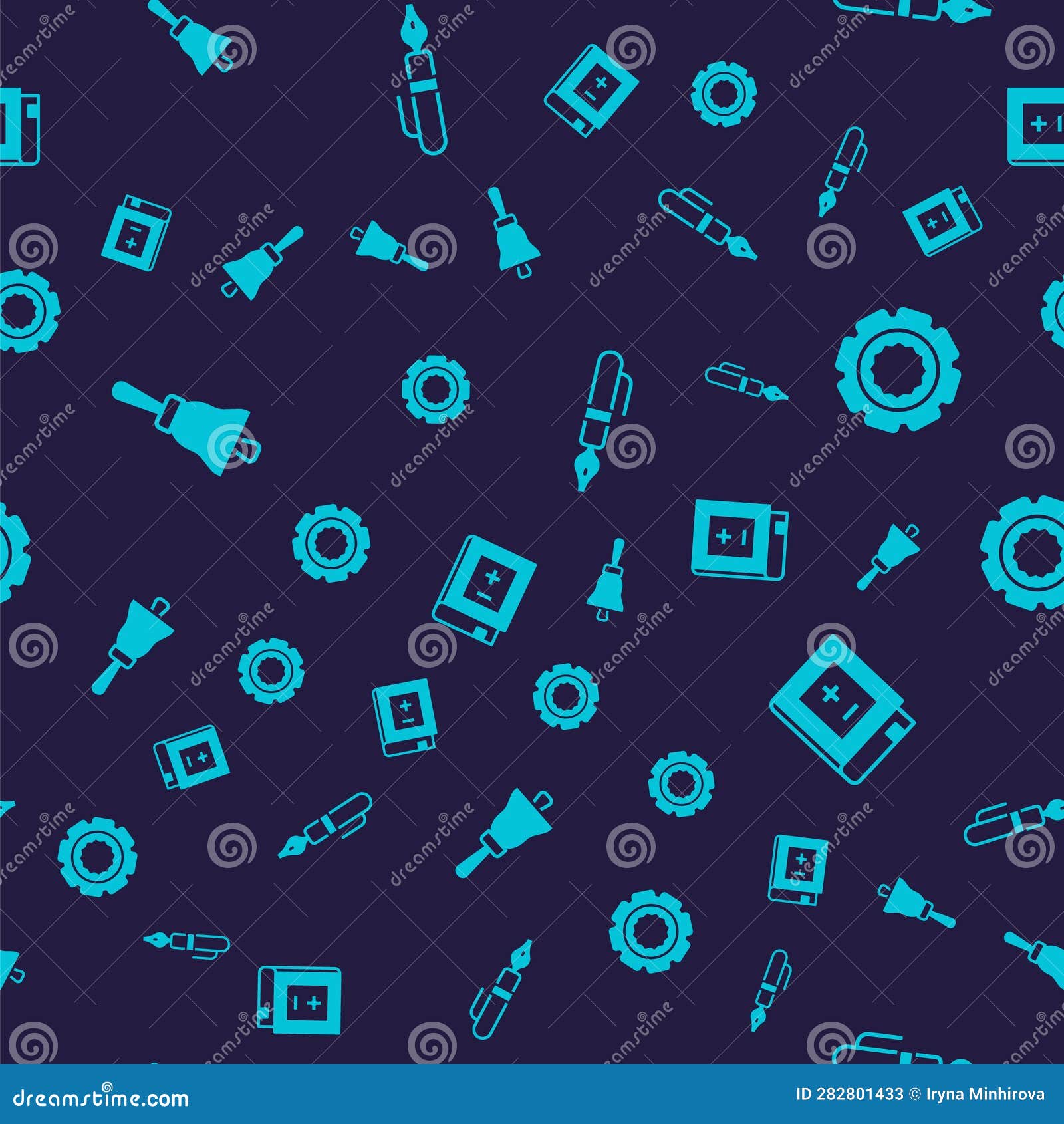 Set Ringing Bell, Gear, Fountain Pen Nib and Book with Mathematics on ...