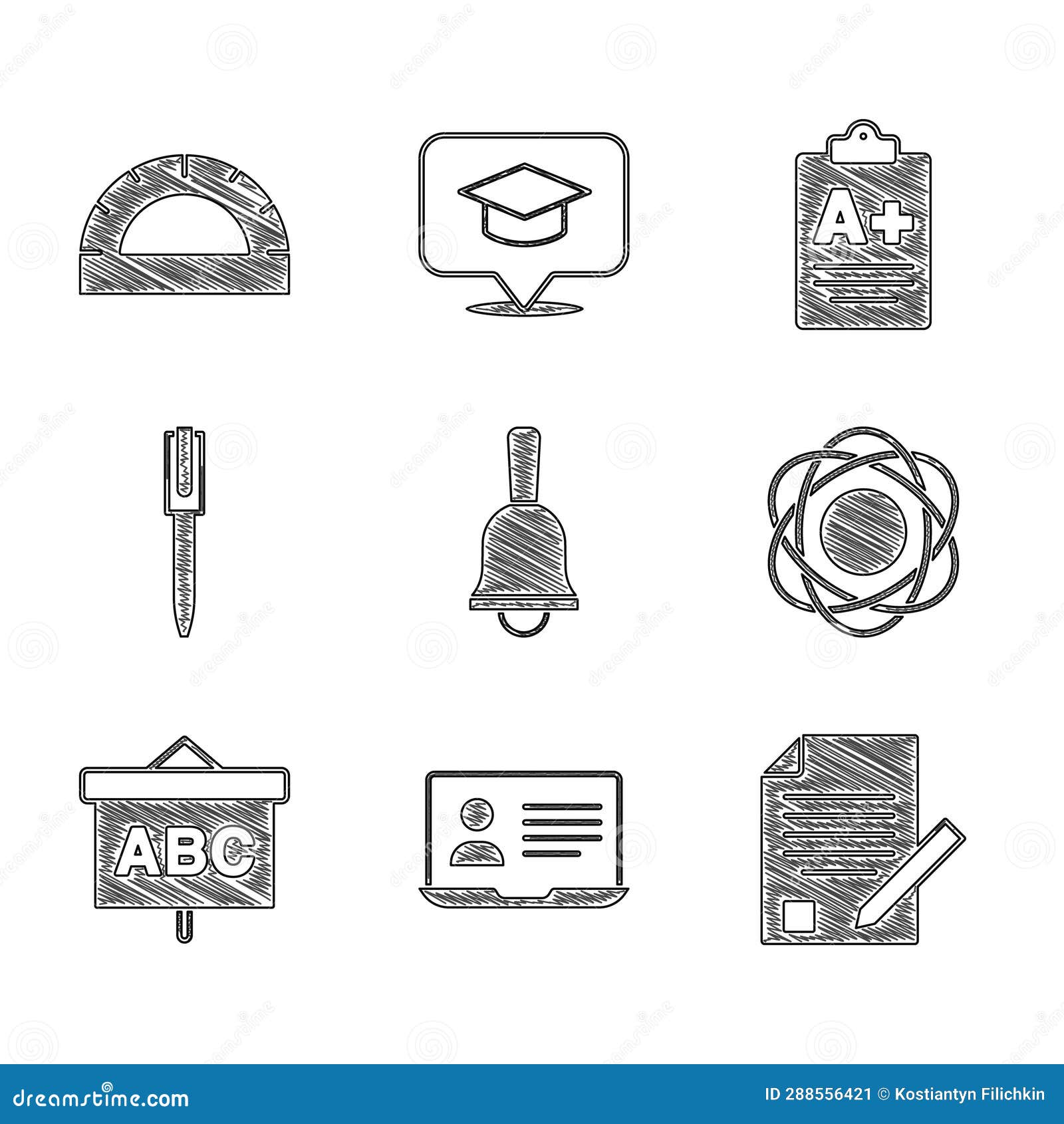 Set Ringing Bell, Online Class, Exam Sheet and Pencil, Atom, Chalkboard ... Set Ringing Bell, Online Class, Exam Sheet and Pencil, Atom, Chalkboard ...