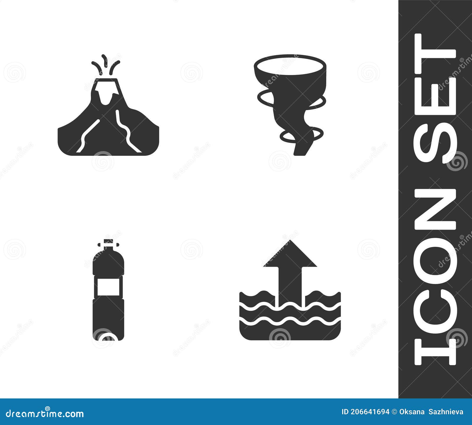 Set Rise in Water Level, Volcano Eruption with Lava, Bottle of and ...