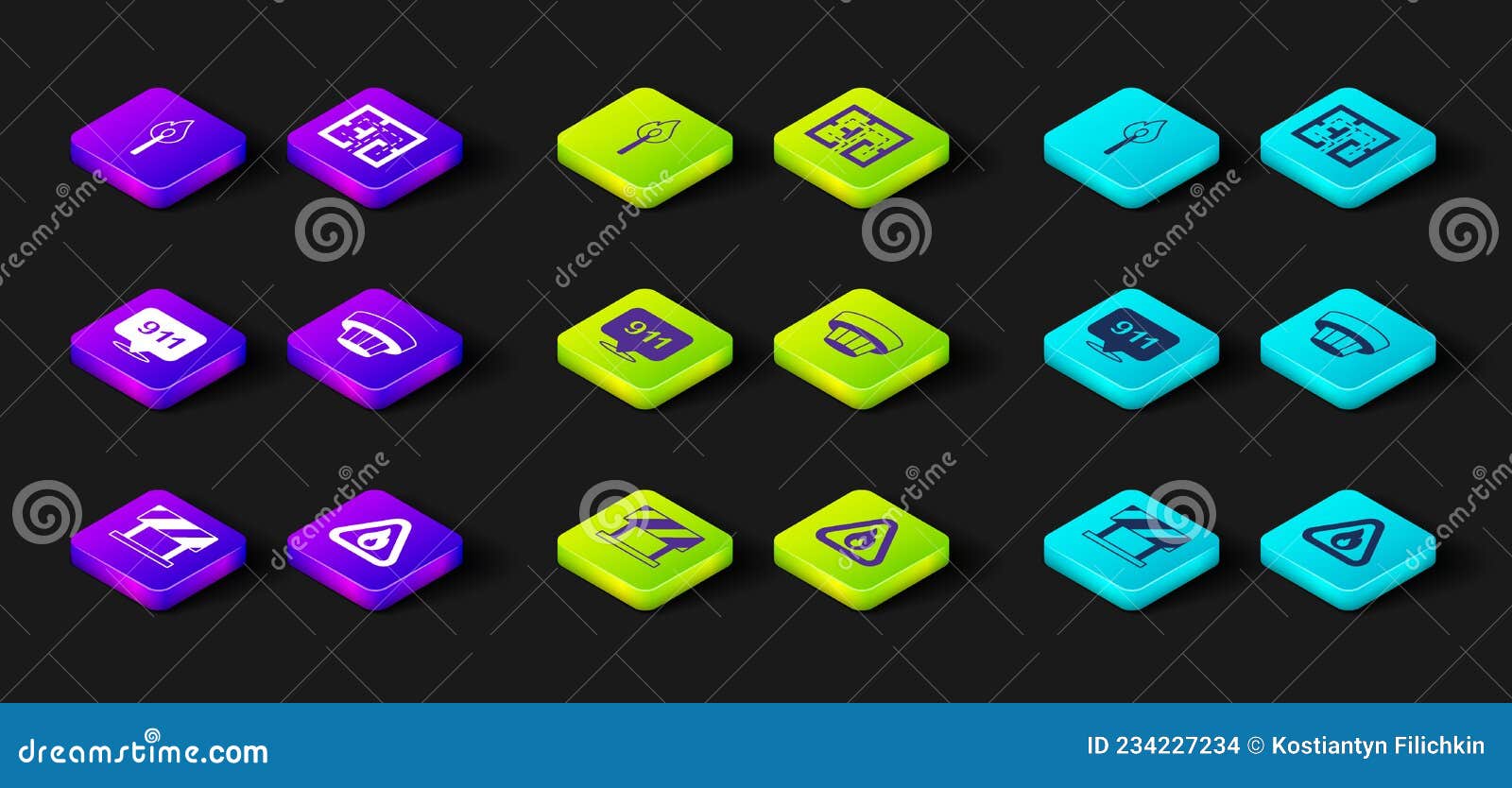 Set Road Barrier, Fire Flame in Triangle, Emergency Call 911, Smoke ...