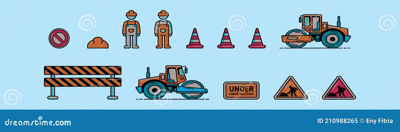 Set of Road Construction Cartoon Icon Design Template with Various ...