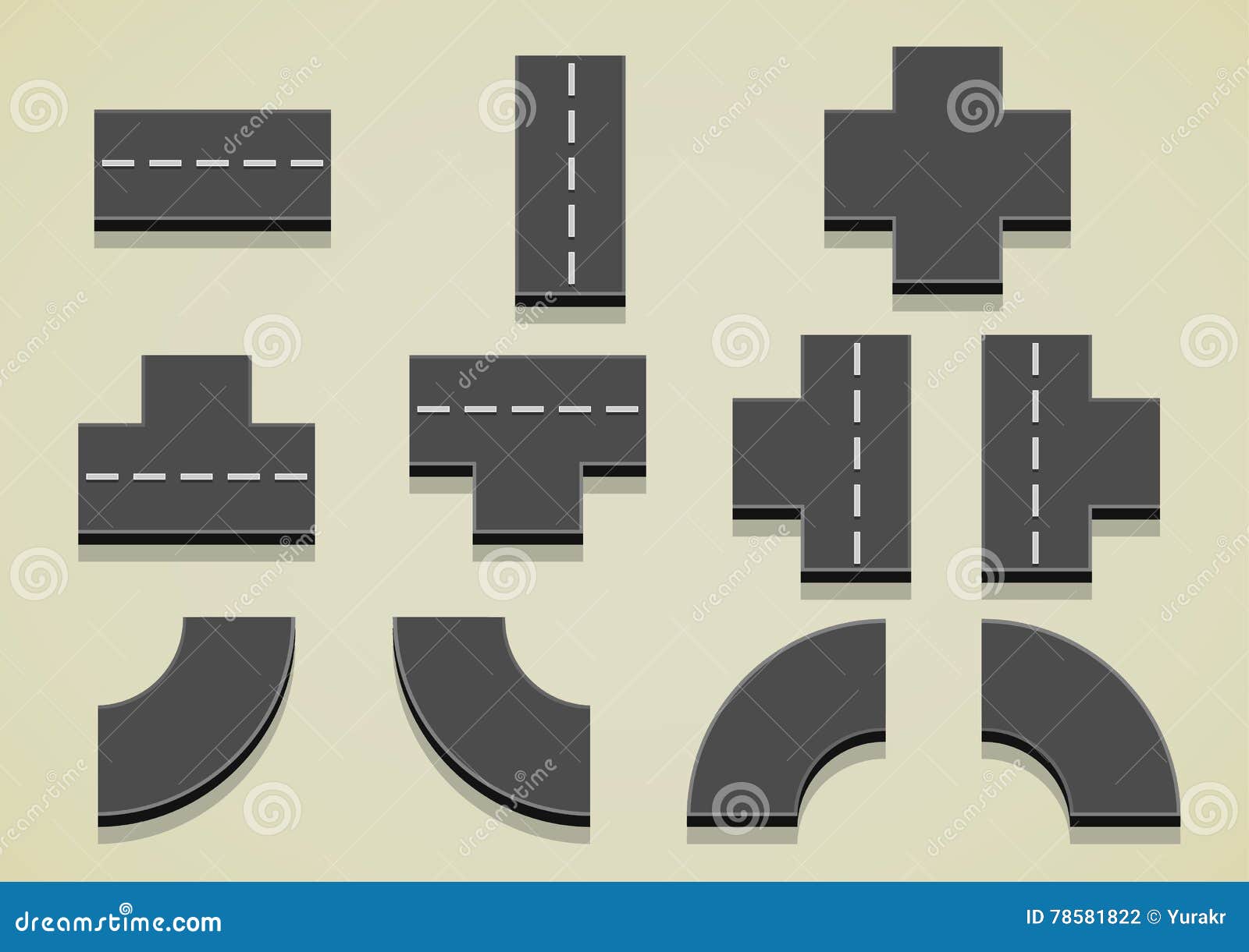 Set Of Road Parts With Dashed Line, Roadside Marking, Intersections ...