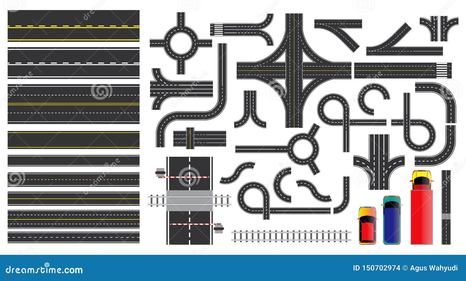 Set of Road Parts with Dashed Line, Roadside Marking, Intersections ...