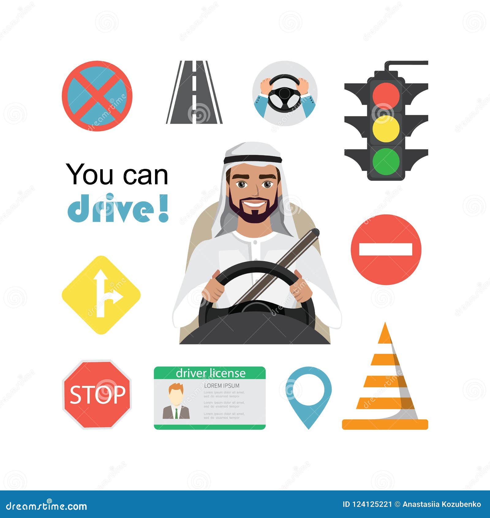 Set of Road Symbols and Driver Arab Men Character Stock Vector ...
