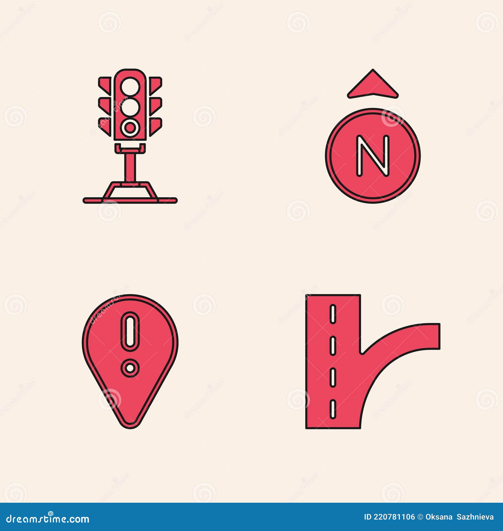 Set Road Traffic Sign, Traffic Light, Compass And Location With ...
