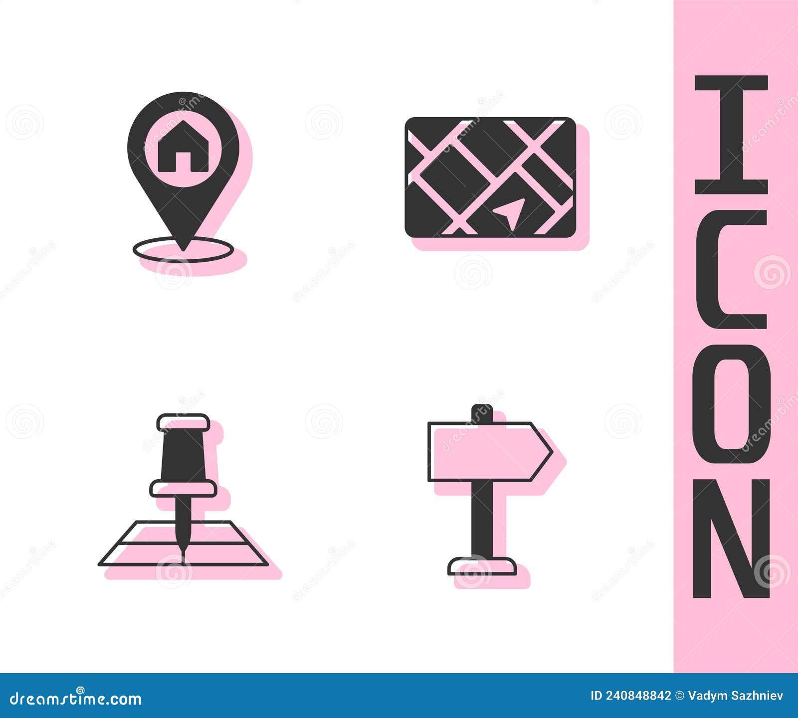 Set Road Traffic Sign, Location with House, Folded Map Location Marker ...