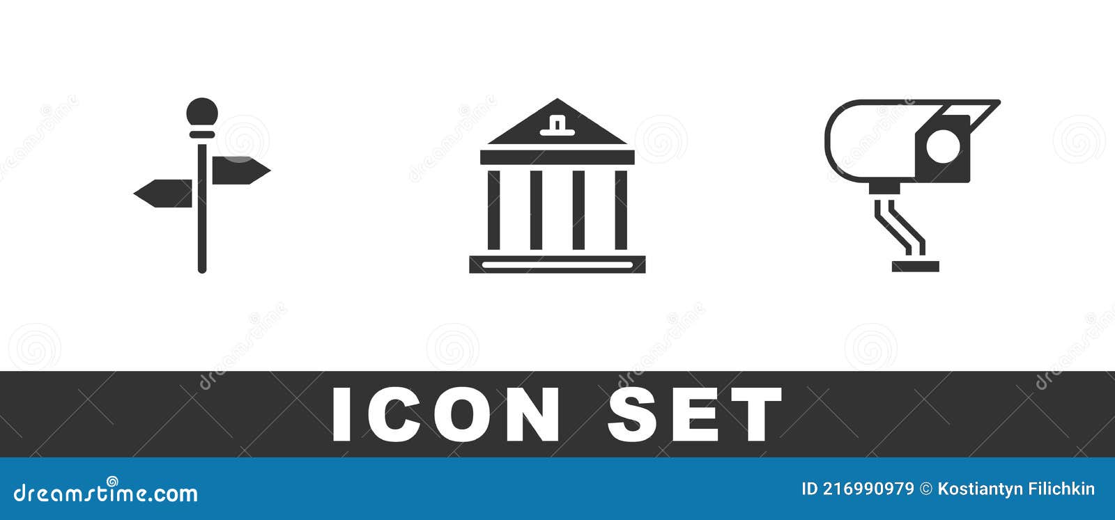 Set Road Traffic Signpost, Museum Building and Security Camera Icon ...