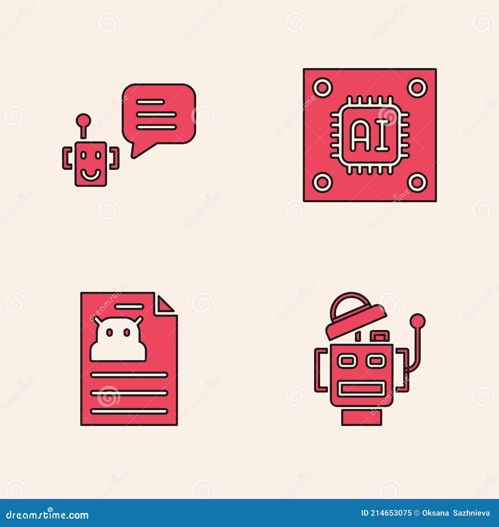 Set Robot Bot Processor With Microcircuits Cpu And Technical Specification Icon Vector Stock