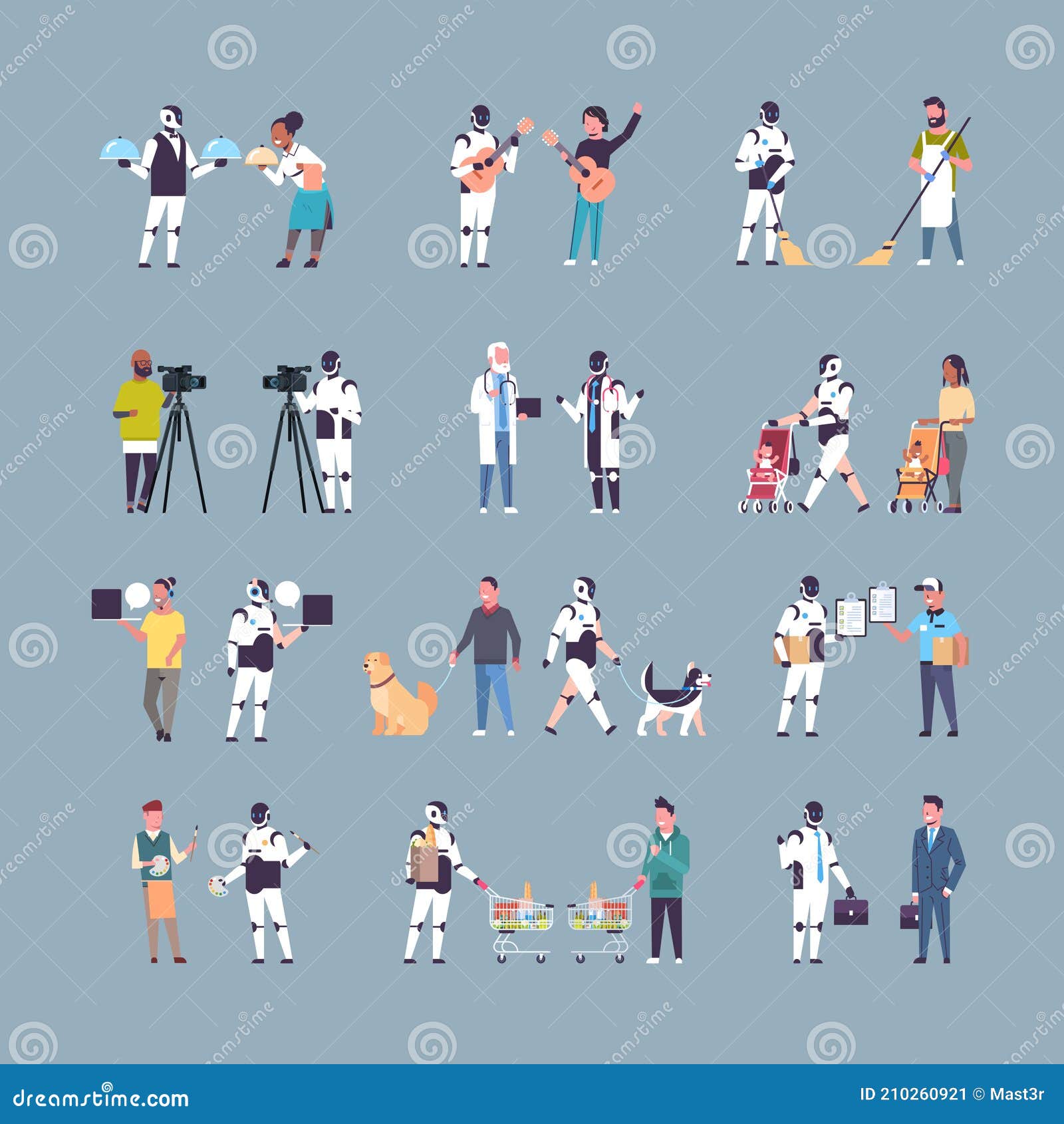 Set Robot and Human in Different Situations Robotic Character Vs People ...