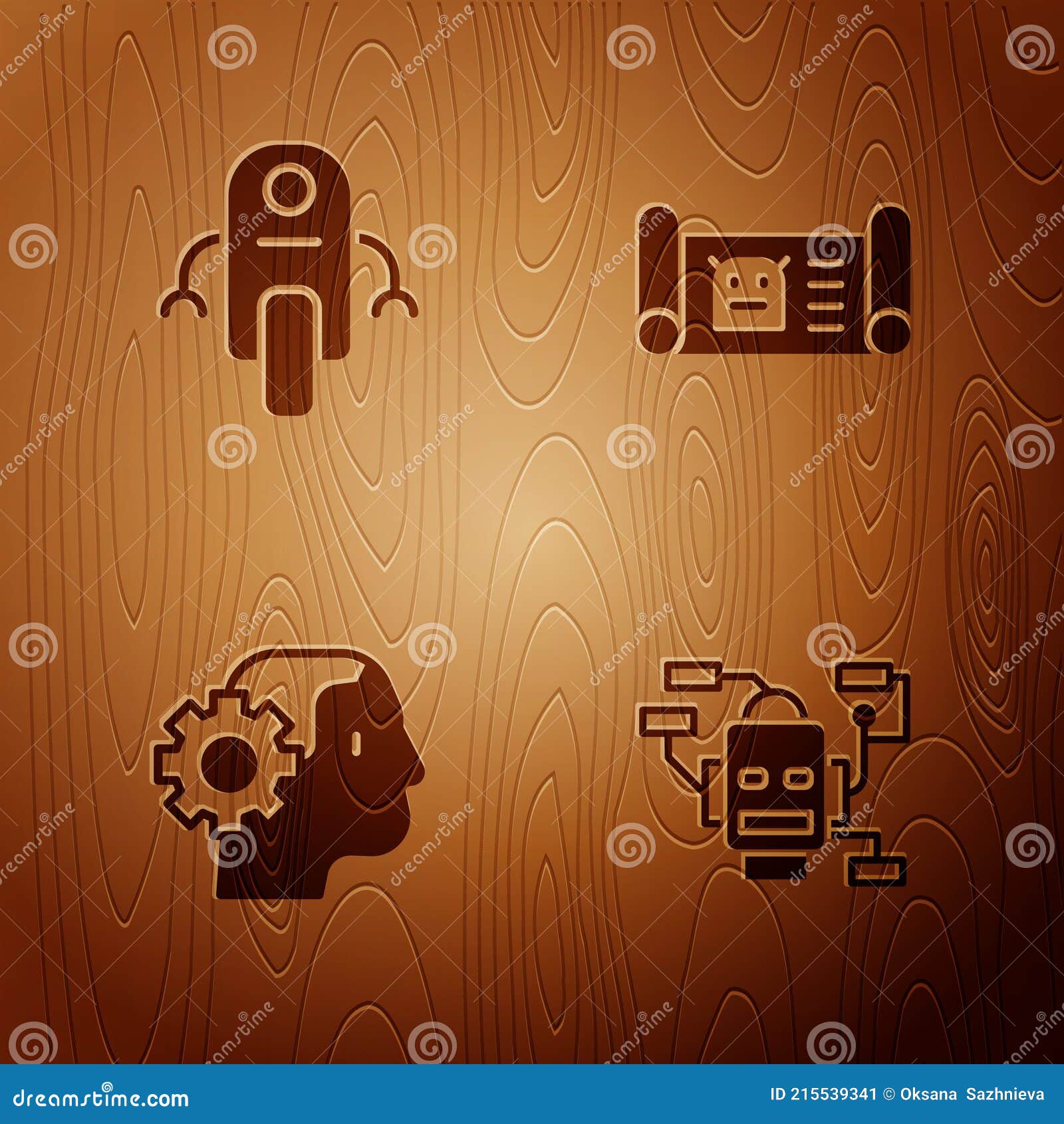 Set Robot, , Humanoid Robot and Blueprint on Wooden Background. Vector ...