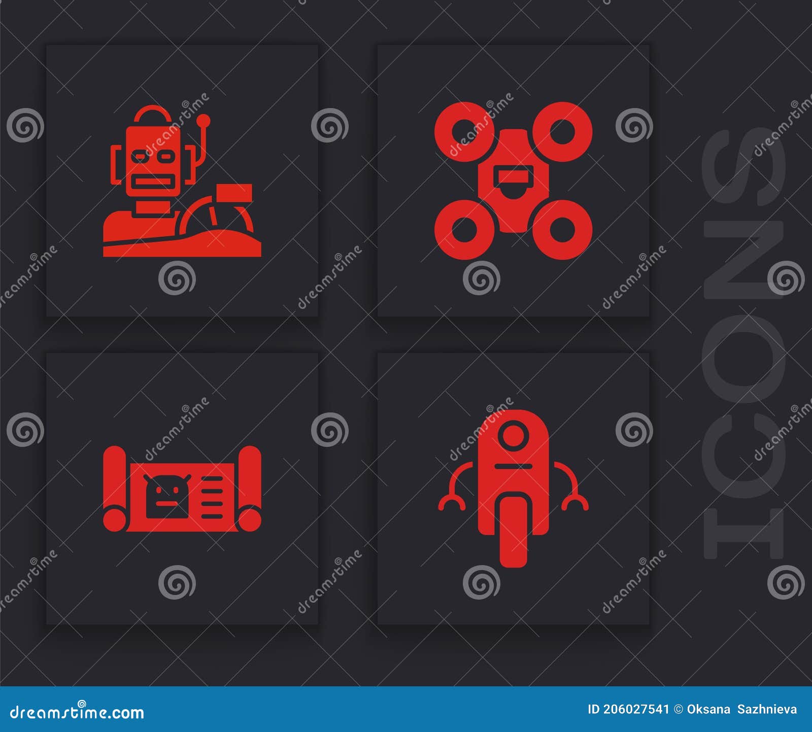 Set Robot, Humanoid Driving a Car, Drone and Blueprint Icon. Vector ...