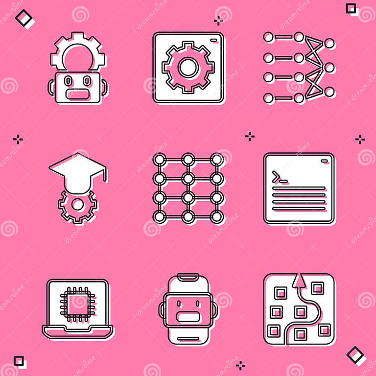 Set Robot Setting Computer Api Interface Neural Network Graduation Cap Web Developer