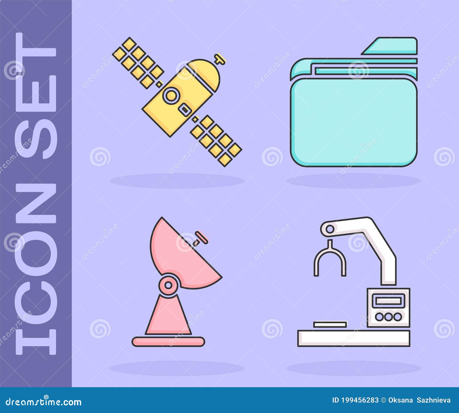 Set Robotic Robot Arm Hand Factory, Satellite, Radar And Document ...