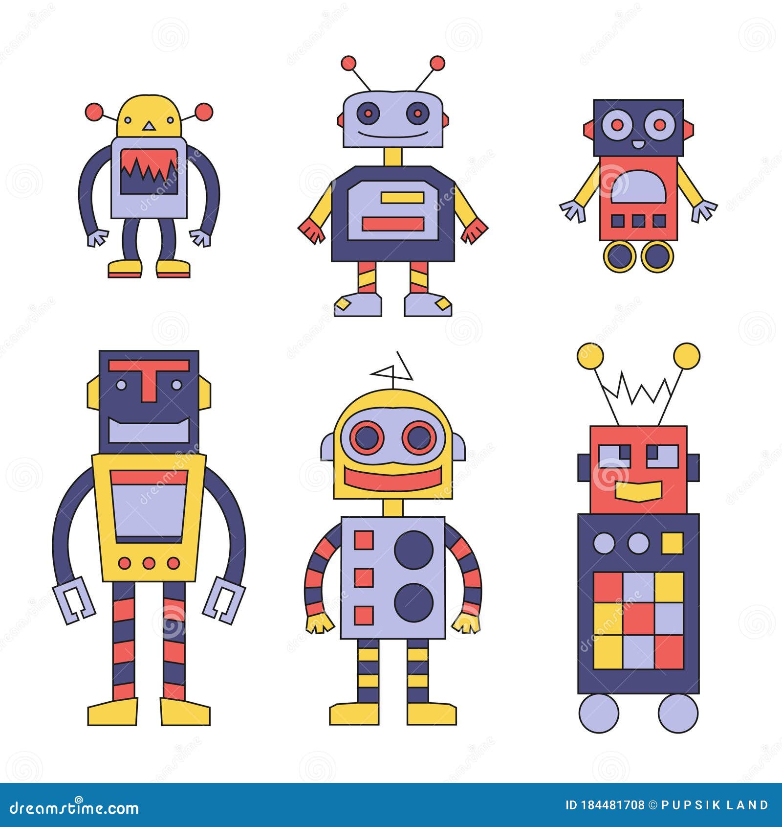Set of Robots. Isolated on White. Colored Toys Robots Stock Vector ...