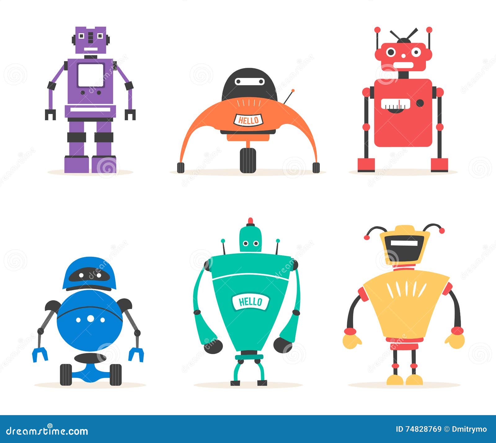 Set Of Robots. Vintage Style. Cartoon Vector Illustration ...