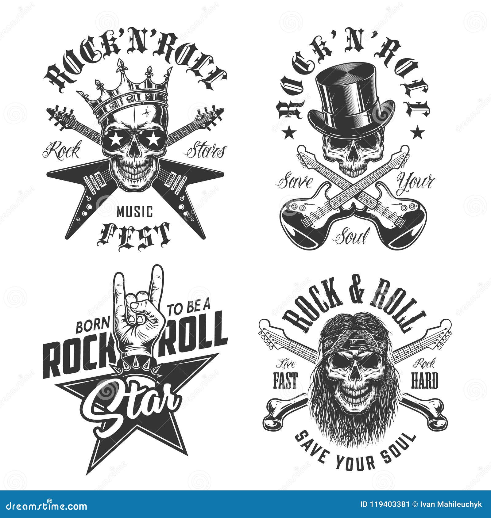 Set of Rock and Roll Emblems Stock Vector - Illustration of hardcore ...