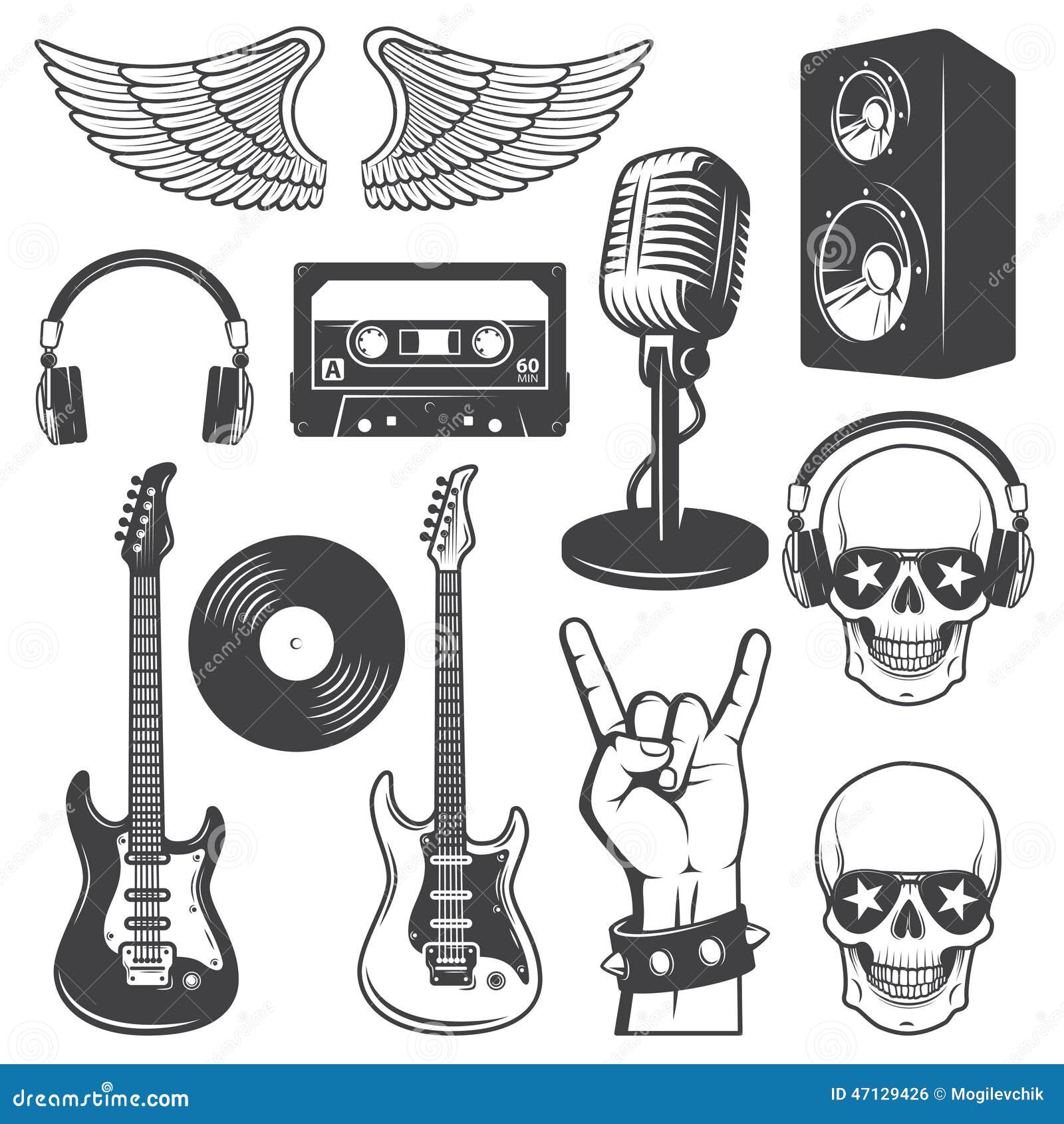 Rock`n`Roll Music Symbols, Labels, Logos And Design Elements. Cartoon ...