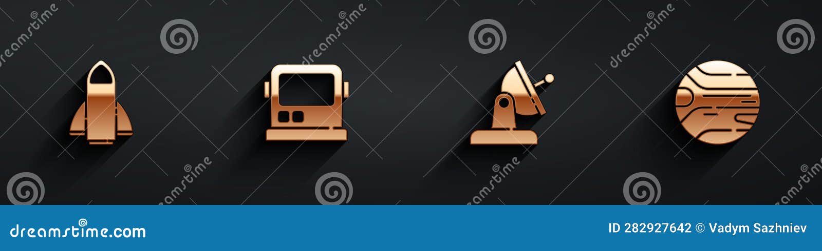 Set Rocket Ship, Astronaut Helmet, Satellite Dish and Planet Icon with ... Set Rocket Ship, Astronaut Helmet, Satellite Dish and Planet Icon with ...