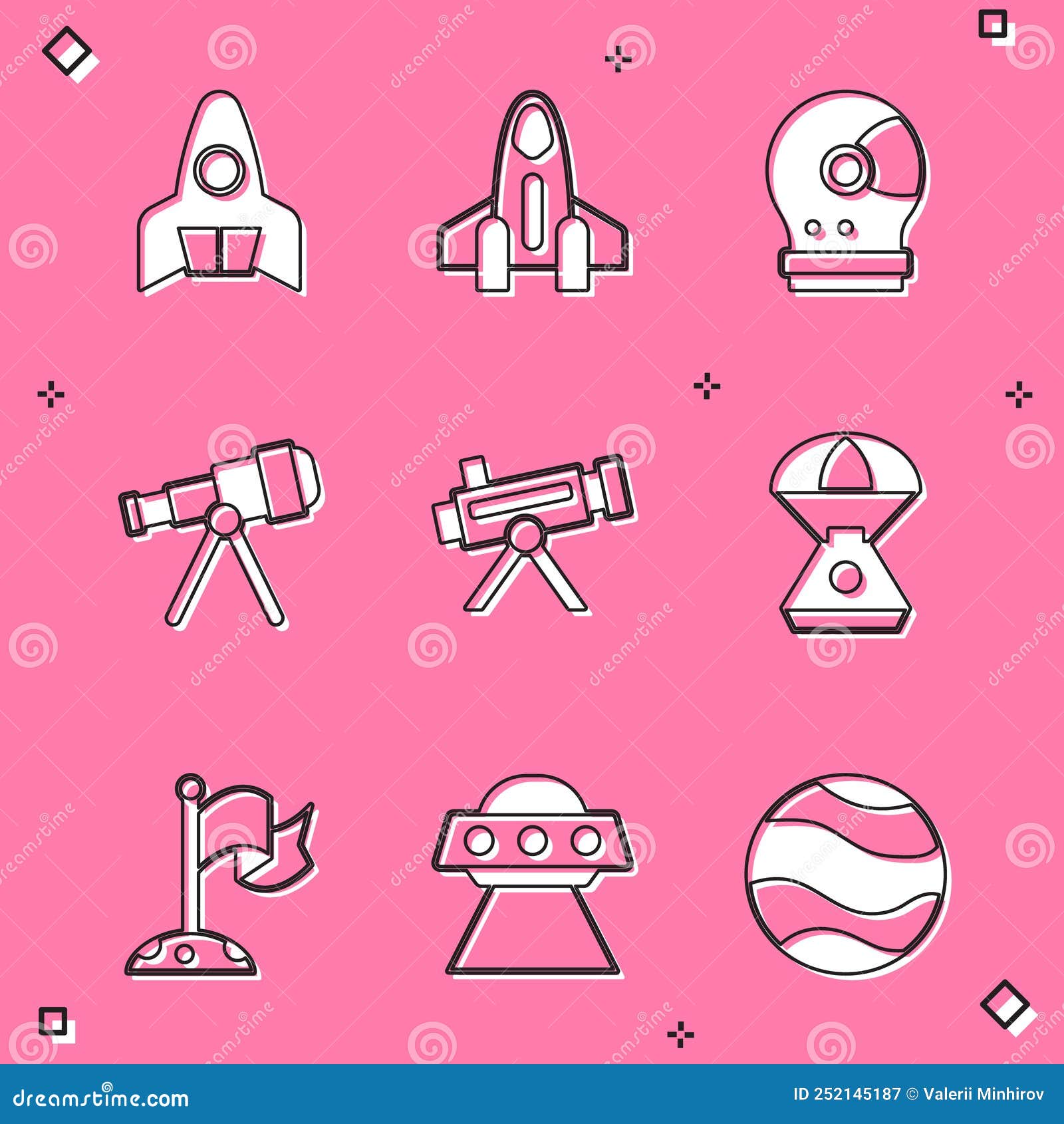 Set Rocket Ship, Astronaut Helmet, Telescope, Space Capsule, Moon with ...