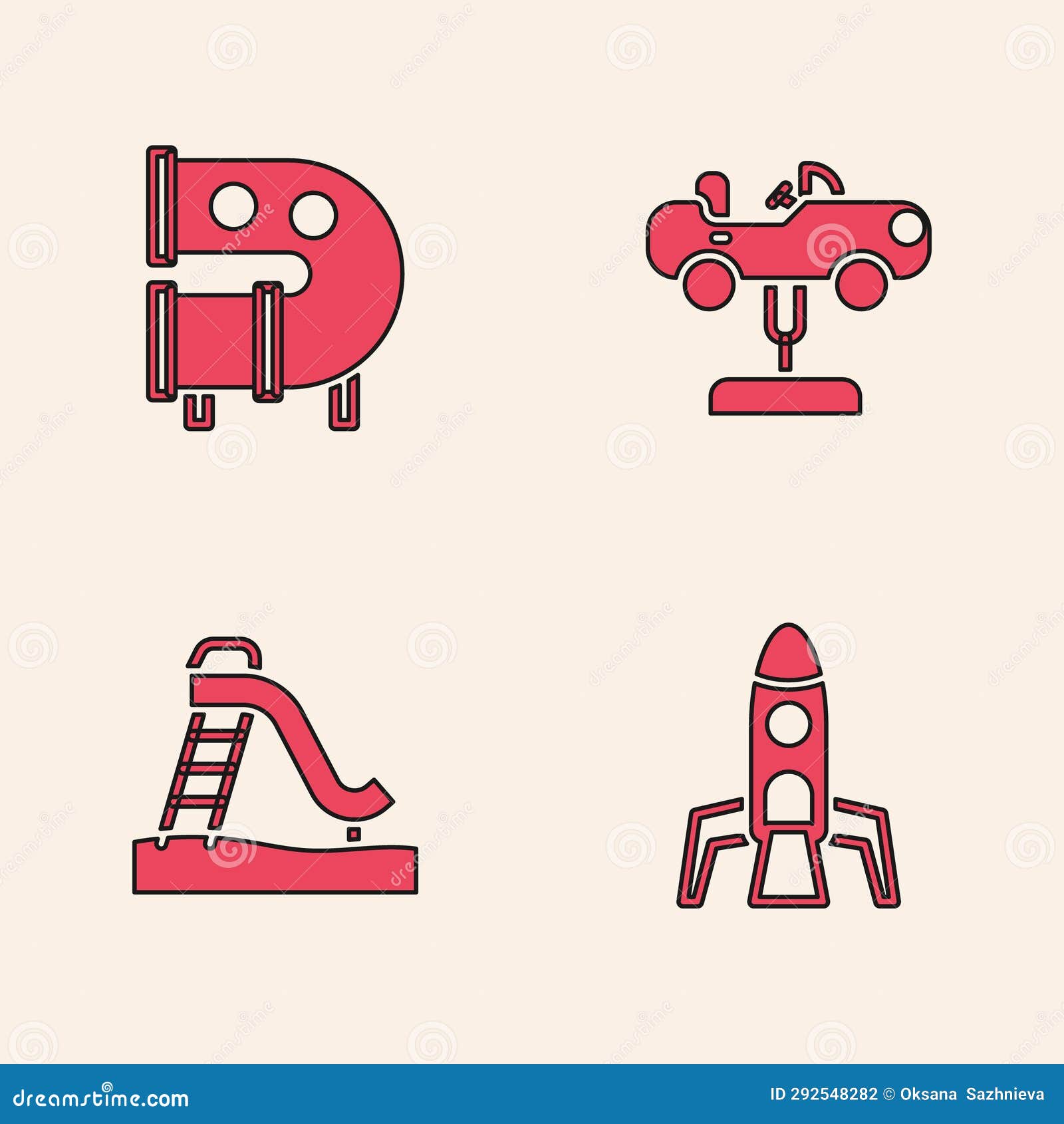Set Rocket Ship, Kid Playground Slide Pipe, Swing Car and Icon. Vector ...